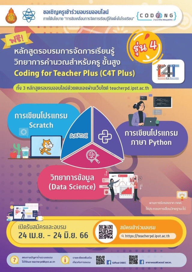 สสวท.เปิดอบรมออนไลน์ C4T Plus รุ่น4 หลักสูตรการจัดการเรียนรู้วิทยาการคำนวณสำหรับครูขั้นสูง อบรม ...
